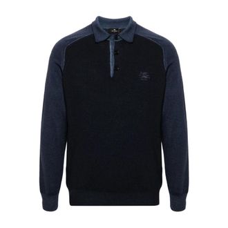 Etro Blau Langarm Besticktes Poloshirt - - Tops - Herren - Blau - 2XL
