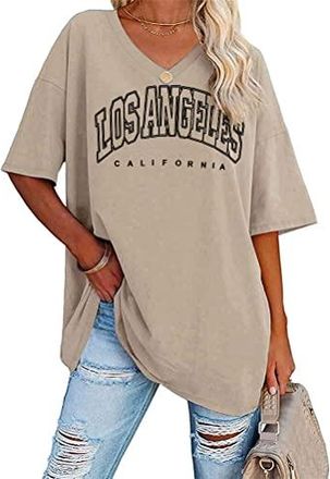 TOMWELL T-Shirt Oversize Femme à Col en V Vintage T-Shirts à Manches Courtes Lettres LA Hauts dété Grande Taille Chic Tee Shirt Rayée Lâches Tops pour Adolesc
