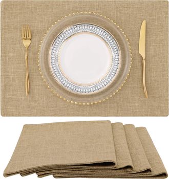 Homing Tischsets aus Flachsstoff, Baumwoll-Leinen-Mischgewebe, waschbar, Bauernhaus-Esstischmatten f&uuml;r drinnen und drau&szlig;en, leicht zu reinigen, 33 x 48 cm, 4