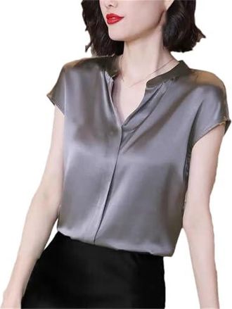 Generic Chemise en mousseline de soie pour femme, T-shirt drapé à manches courtes et col en V, couleur unie, haut ample, gris, S