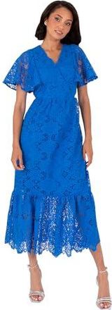 Lovedrobe Womens Midaxi Dress Ladies V-Neck Angel Sleeve A-Line Floral Print Ruffle Tiered Hem Wedding Guest Evening Occasion, Bleu 44