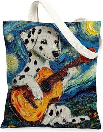 Generic Sac fourre-tout en toile motif chien dalmatien 33 x 38 cm, motif guitare &eacute;toil&eacute;e, sac d&eacute;picerie r&eacute;utilisable, sac &agrave; bandouli&egrave;re pour femme, animal de 