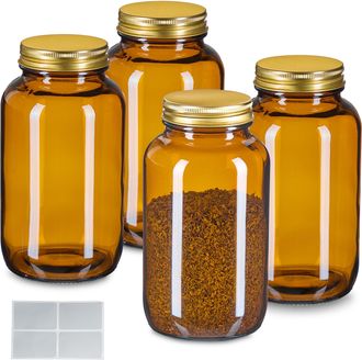 Relaxdays Braungl&auml;ser, 4er Set, 400 ml, mit Deckel & Etiketten, Kr&auml;utergl&auml;ser Medizin, Gew&uuml;rze, Vorratsdosen, braun/Gold