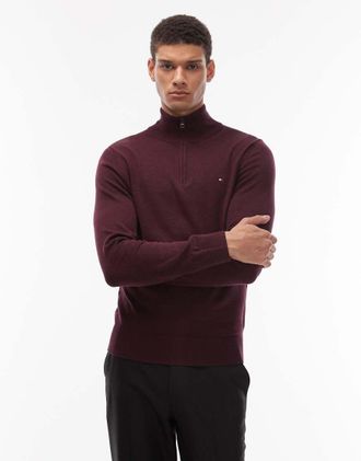 Tommy Hilfiger Pull à col montant zippé en tissu mélangé - Rouge foncé