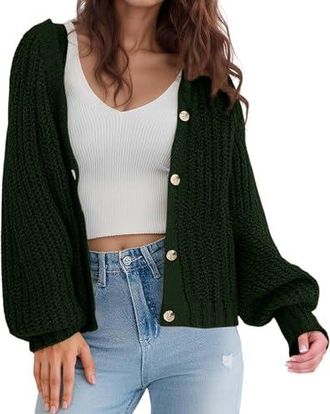 Generic Pull &eacute;pais ouvert sur le devant &agrave; manches longues en tricot boutonn&eacute; pour femme, Vert, 3XL