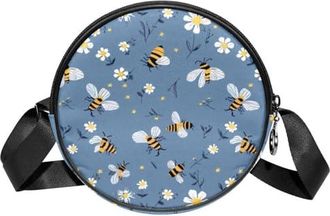 Generic Sac &agrave; bandouli&egrave;re rond pour femme, motif abeilles, marguerites, petit sac &agrave; bandouli&egrave;re avec fermeture &eacute;clair, bretelles r&eacute;glables, sac &agrave; main rond d&eacute;