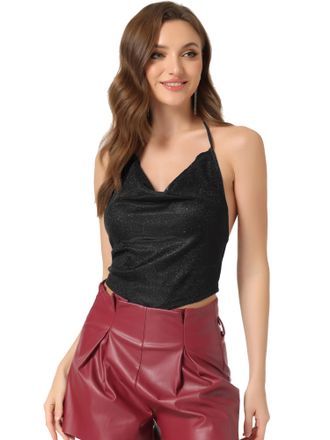Allegra K Damen Glitzer Top Pailletten Oberteil Sequin Sexy Festival Outfit R&uuml;ckenfreies Party Neckholder Bauchfrei Cami-Tops Schwarz XS
