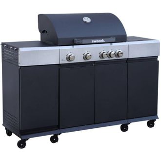 Sweeek Barbecue gaz 4 br&ucirc;leurs + 1 feu lat&eacute;ral MAXIM noir. Acier. thermom&egrave;tre int&eacute;gr&eacute;. r&eacute;cup&eacute;rateur de graisse. grille de chauffe. L 145.5 x P 61.5 x H