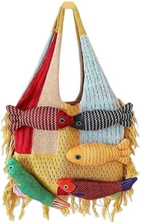 Generic 3D Fish Knitted Tote Bag,Cute Cartoon Fish Patchwork Shoulder Bags,Large Capacity Bohemian Hobo Handbag for Travel Vacation (C)