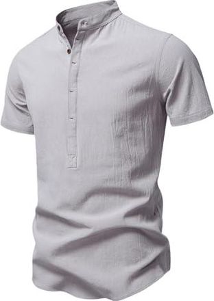 Generic Chemise d&eacute;t&eacute; en coton et lin &agrave; manches courtes pour homme - Col montant - Col montant - Tendance - Col en V - L&eacute;ger et respirant, gris clair, XXL