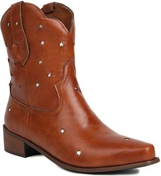 Generic Bottines de cowgirl &agrave; mollet large pour femme avec &eacute;toiles creuses &agrave; bout carr&eacute; talon bloc &agrave; enfiler Chaussures western vintage, marron, 37.5 EU