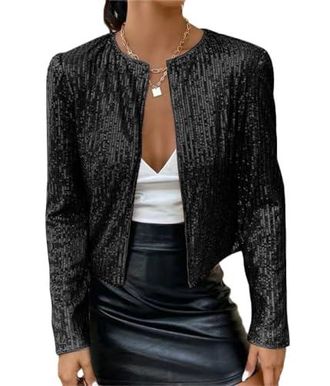 TOMWELL Femmes Mode Col Montant Paillettes Manteau Court Casual Manches Longues Manteau Slim Fit Veste De Costume Couleur Unie Jacket Cardigan Clubwear A Noir