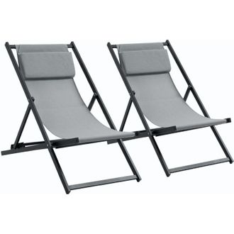 OUTSUNNY Lot de chiliennes fauteuils de jardin inclinables avec t&eacute;ti&egrave;re alu noir textil&egrave;ne gris