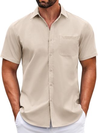 Coofandy Kurzarm Hemd Herren Sommer Casual Businesshemden Regular Fit Button Down Basic Hemden Shirt mit Tasche Khaki XXL