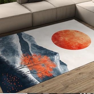Generic Tapis de Style Japonais Soleil Montagnes collines Arbres Doux antid&eacute;rapant pour Salon Chambre &agrave; Coucher Paysage dAutomne Grands Tapis pour la d&eacute;corati
