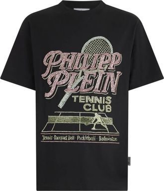 Philipp Plein Homme, Tops, Noir, Taille: XL Round Neck T-Shirt Tennis Club Strass