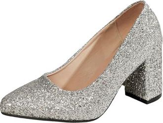 Generic Escarpins Femme &agrave; Paillettes Talon Bloc Bout Pointu Elegant Scintillantes Chaussures Talons Haute pour Robe Banquet Mariage Soir&eacute;e Dansante Festivals 