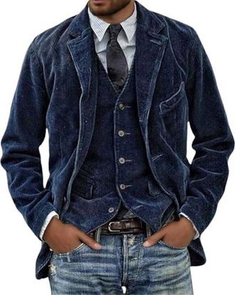 Generic Veste Blazer Vintage en Velours côtelé pour Homme, Style décontracté, idéale pour Le Travail ou Les Affaires. Veste de Cowboy Bleue, Taille 3XL