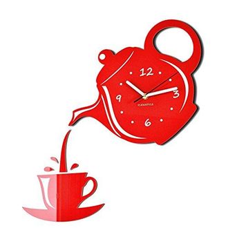FlexiStyle Moderne Wanduhr für die Küche Tasse Und Kanne Rot, 45 cm x 45 cm, 3D, leise, Design, Made in EU