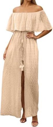 Generico Robe maxi en ligne A avec ouverture l&eacute;g&egrave;re et a&eacute;r&eacute;e Robe maxi boh&egrave;me avec ceinture Robe longue d&eacute;t&eacute; sans &eacute;paules pour femme, beige, X-Large