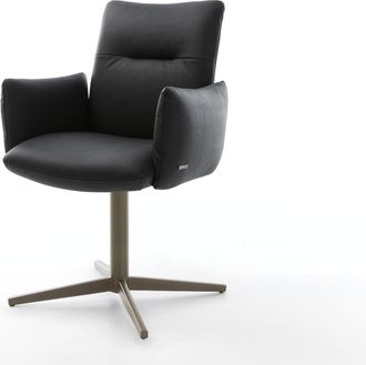 DELIFE Drehstuhl Jova-Flex mit Armlehnen Echt-Leder Schwarz Fußkreuz Effektfinish Titan 360° drehbar Taschenfederkern, Esszimmerstühle