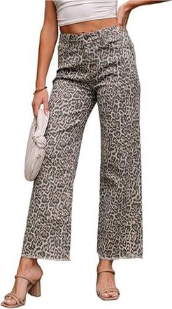 Generic Pantalon en jean à bords effilochés léopard pour femme, jean taille haute pour femme, jean à jambe large, taille haute, tendance et élégant 2025, marr