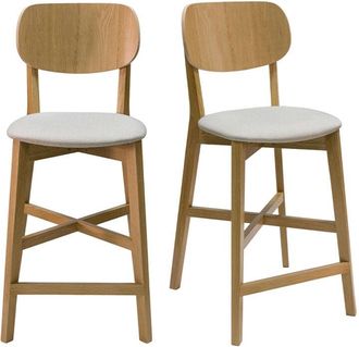 Miliboo Barhocker helles Holz und beiger Stoff H65 cm (2er-Set) LUCIA