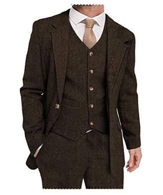 Solovedress Costume pour homme 3 pi&egrave;ces classique en laine tweed pour mariage (blazer + gilet + pantalon), caf&eacute;, XS