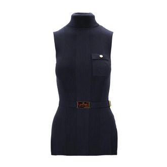 Elisabetta Franchi Gerippter &auml;rmelloser Rollkragenpullover - - Knitwear - Damen - Blau - L