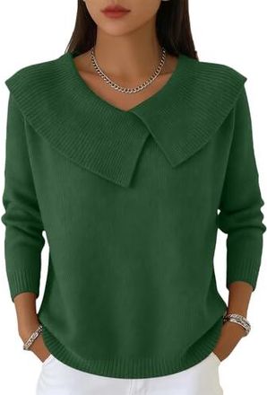 Generic Pull &agrave; col en V pour femme en cachemire &agrave; manches longues et col en tricot c&ocirc;tel&eacute; pour lautomne et lhiver, Vert, XXL