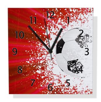 Wallario Design Wanduhr Fußball - Splashing Design in rot aus Aluverbund, Alu-Uhr Größe 30 x 30 cm, Schwarze Zeiger mit Metalloptik