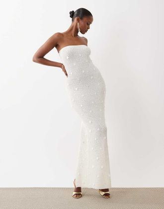 South Beach Tr&auml;gerloses Maxikleid aus Strick in Wei&szlig; mit Paillettendetail