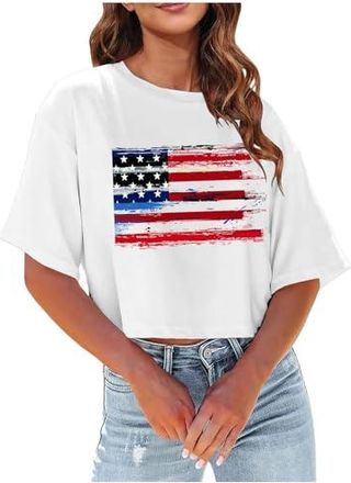 Generic Hauts courts d&eacute;contract&eacute;s pour femmes &agrave; col rond 2025 coupe ample T-shirt court mignon patriotique demi-chemises &agrave; manches courtes pour femme T-shirts