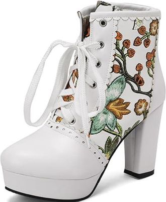 SJJH Bottes de cheville &agrave; lacets r&eacute;glables | Bottes pour femme pour occasions polyvalentes, talon de 9,5 cm, motif floral, polyvalent, Vert 1, 39 EU
