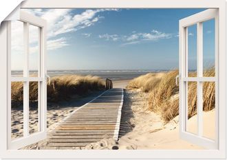 Artland Wanddeko Poster & Kunstdrucke Wandposter 130x90 cm Fensterblick Fenster Strand Meer Maritim Düne Leuchtturm Nordsee Langeoog T5RQ