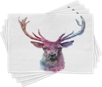 Abakuhaus Hirsch Platzmatten, Illustration des männlichen Hirsches mit weichem blassem Farben-Geweih-Tier-Natur Artful Print, Tiscjdeco aus Farbfesten Stoff für
