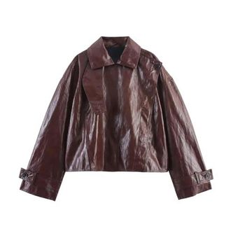 Generic Veste ample en cuir synth&eacute;tique pour femme avec revers solide et manches longues, 1, XS