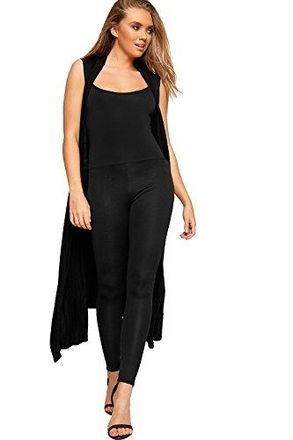WearAll Femmes Longue Maxi Ouvert sans Manches Haut Veste Collier Plaine Cardigan - Noir - 40-42