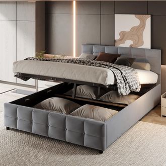 Merax Polsterbett 180&times;200 cm, mit Lattenrost, Hydraulisches Bett mit Stauraum, Samtstoff, Grau (ohne Matratze)