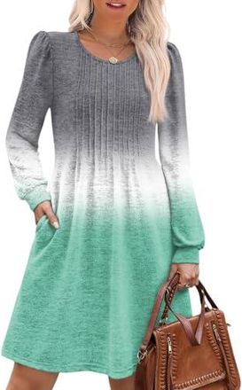 Generic Mini robe boh&egrave;me ombr&eacute;e &agrave; manches longues et col rond pour femme, robe d&eacute;contract&eacute;e fluide avec poches lat&eacute;rales, douce, extensible, confortable, robe