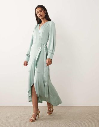 Vila Lang&auml;rmliges Midi-Wickelkleid aus Satin in Green Milieu-Gr&uuml;n