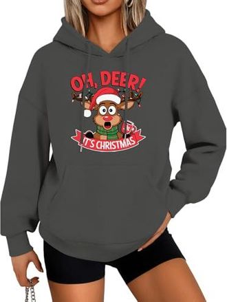 Generic Sweat &agrave; capuche imprim&eacute; graphique pour femme, motif &eacute;lan surdimensionn&eacute;, chandail &agrave; capuche, v&ecirc;tements dautomne et dhiver, pour voyage, gris fonc&eacute;, XX