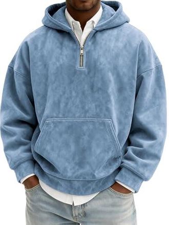 Generic Sweat à capuche rétro en daim synthétique avec fermeture éclair quart pour homme, manches longues, coupe ample, avec poche, pull dhiver décontracté po