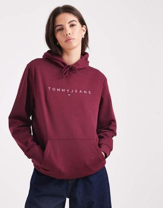 Tommy Jeans Kapuzenpullover in Burgunderrot mit linienf&ouml;rmigem Logo