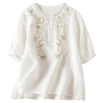 Generic QUINTRA Chemise en coton pour femme &agrave; temp&eacute;rament ample et manches courtes et broderie de style r&eacute;tro litt&eacute;raire chemisier femme &eacute;l&eacute;gant sexy, Blanc.,