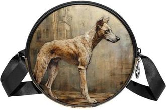 Generic Sac &agrave; bandouli&egrave;re rond pour femme, motif chien vintage, petit sac &agrave; bandouli&egrave;re avec fermeture &eacute;clair, bretelles r&eacute;glables, sac &agrave; main rond d&eacute;contract
