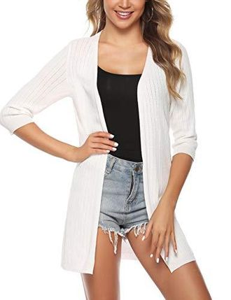 iClosam Gilet Femme Long Tricot Veste Femme Longue Pull Gilet Femme Manches Longue, Blanc4, XL