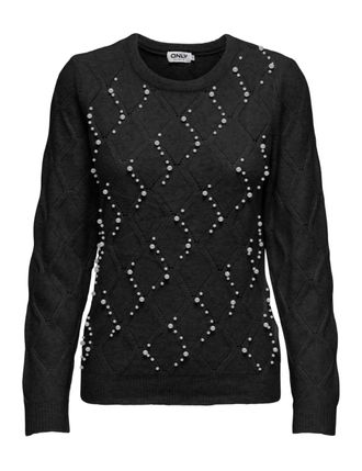 Only Damen Strickpullover ONLLIANA Life LS Pearl O-Neck CC KNT 15324269,Black/Detail:White Pearls,M