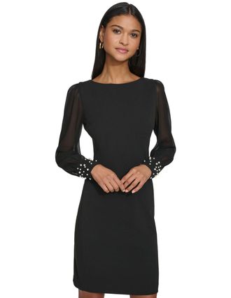 Karl Lagerfeld Damen Etuikleid mit durchscheinenden &Auml;rmeln Kleid, Schwarz, 36