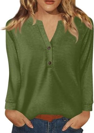 Generic Chemisier &agrave; manches longues pour femme, haut de sortie grande taille, t-shirt d&eacute;contract&eacute; &agrave; col en V, t-shirt boutonn&eacute; de couleur unie, haut l&eacute;ger &agrave; p